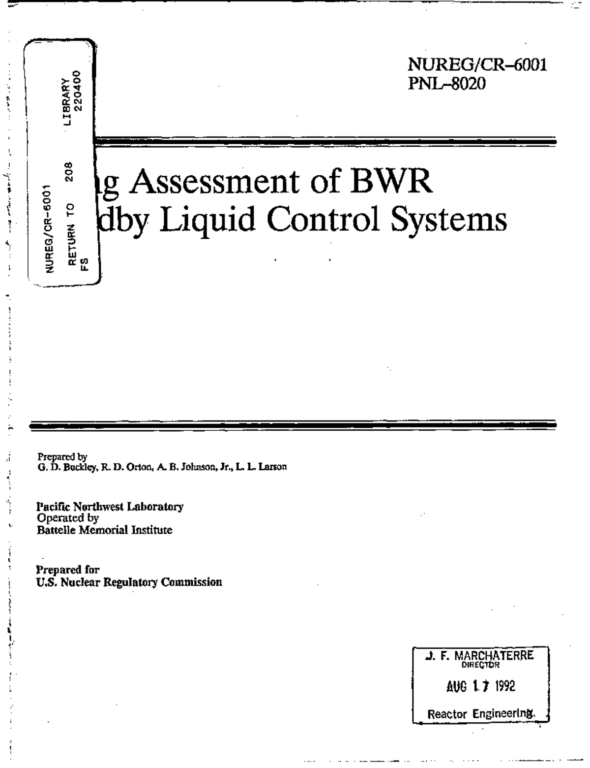 Assessment of BWR Stand Liquid Control Systems - NUREG/CR-6001 - Studocu