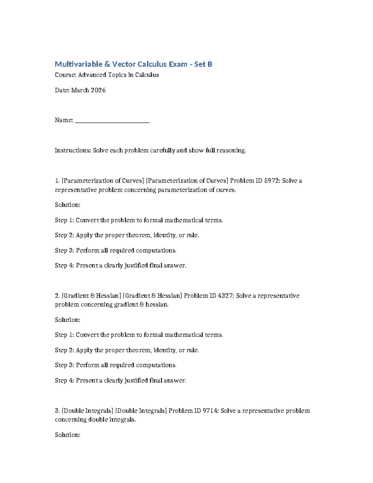 Multivariable Vector Calculus Exam Set B - Math 9813 Solutions - Studocu