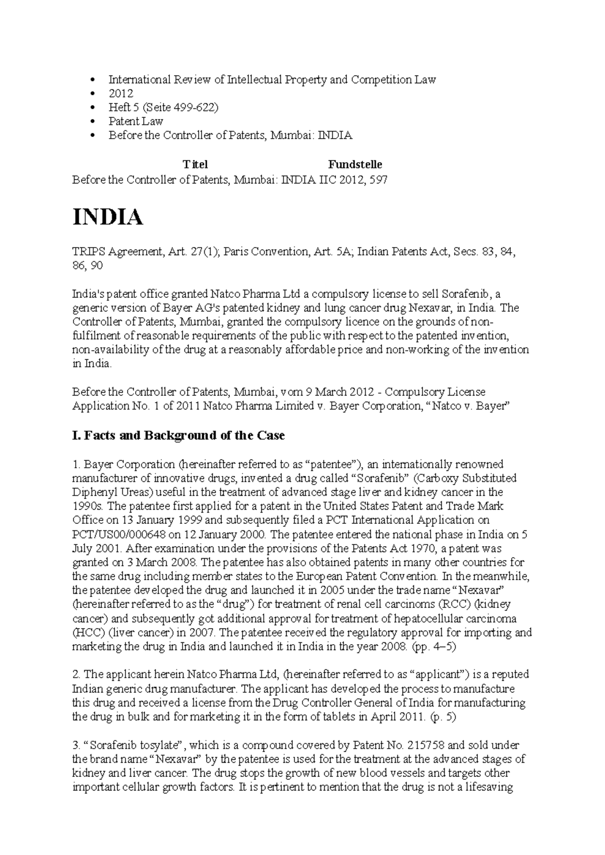 Compulsory License Case Study: Natco Pharma Ltd v. Bayer Corp (IIC 2012 ...