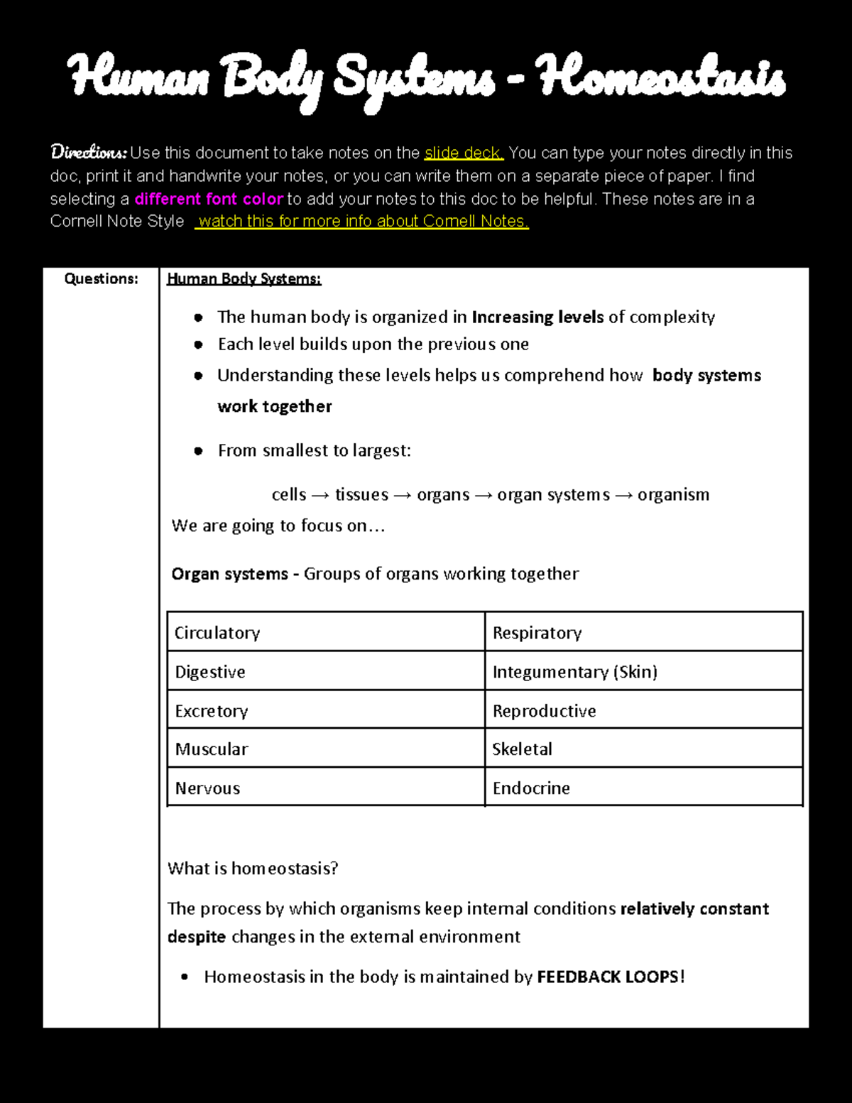 Human Body Systems Notes: Homeostasis & Feedback Loops (Bio 101) - Studocu