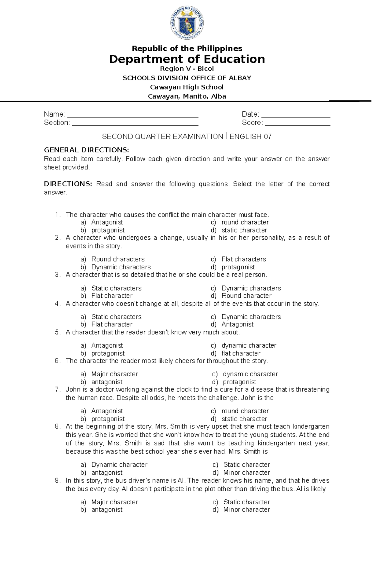 2nd Quarter Exam - English 07: Character Analysis and Conflict Types ...