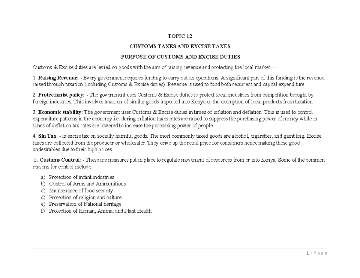 Topic 12 - Customs and Excise Duties Overview - Studocu