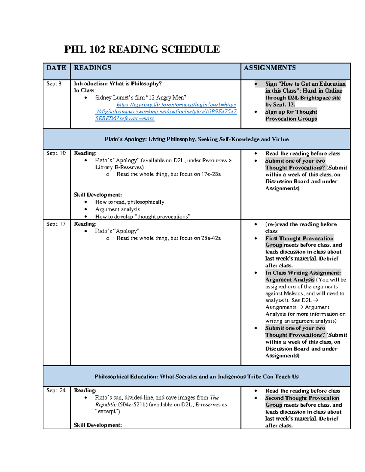 2024F PHL 102 Tentative Reading & Assignment Schedule - Studocu