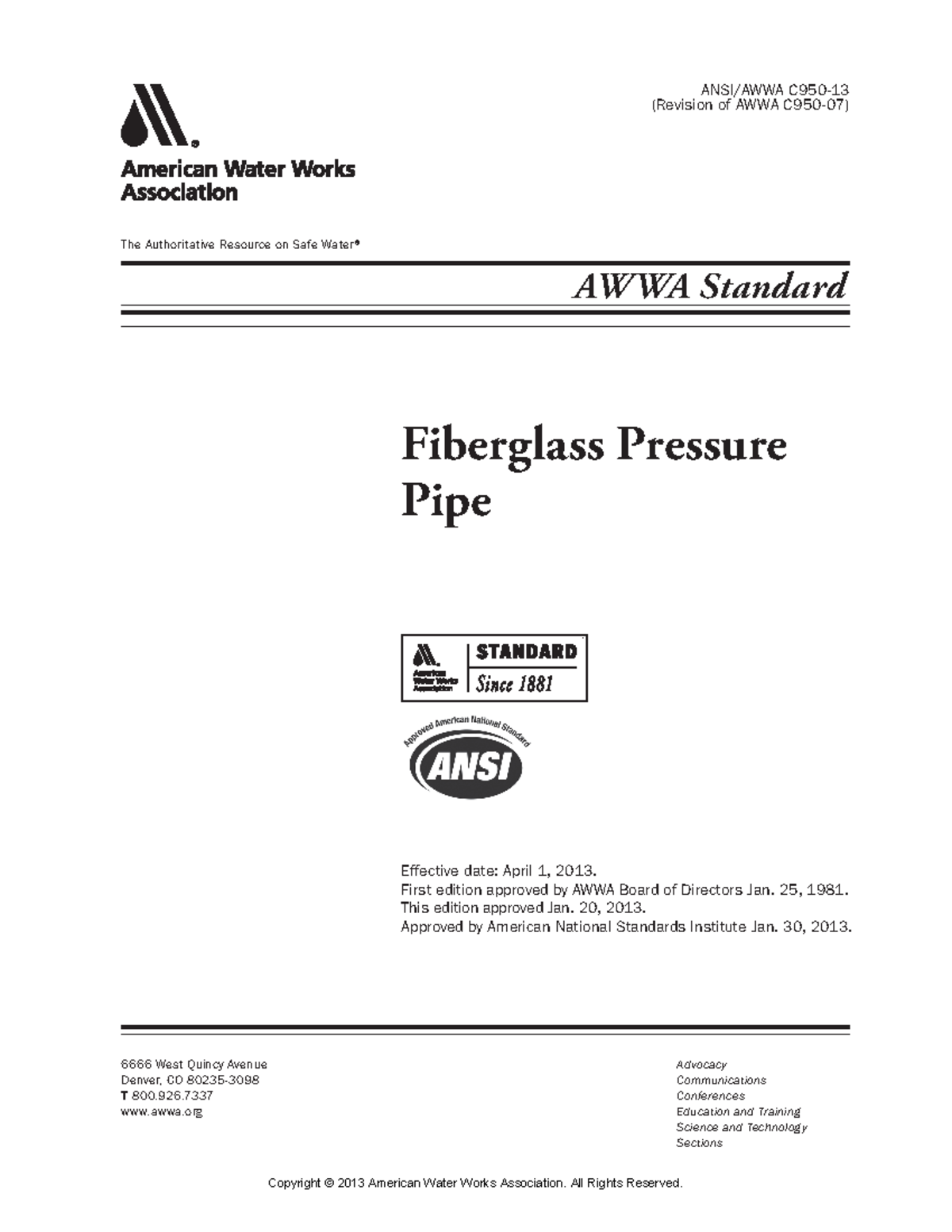 AWWA C950 - Standards for Fiberglass Pressure Pipe Specifications - Studocu