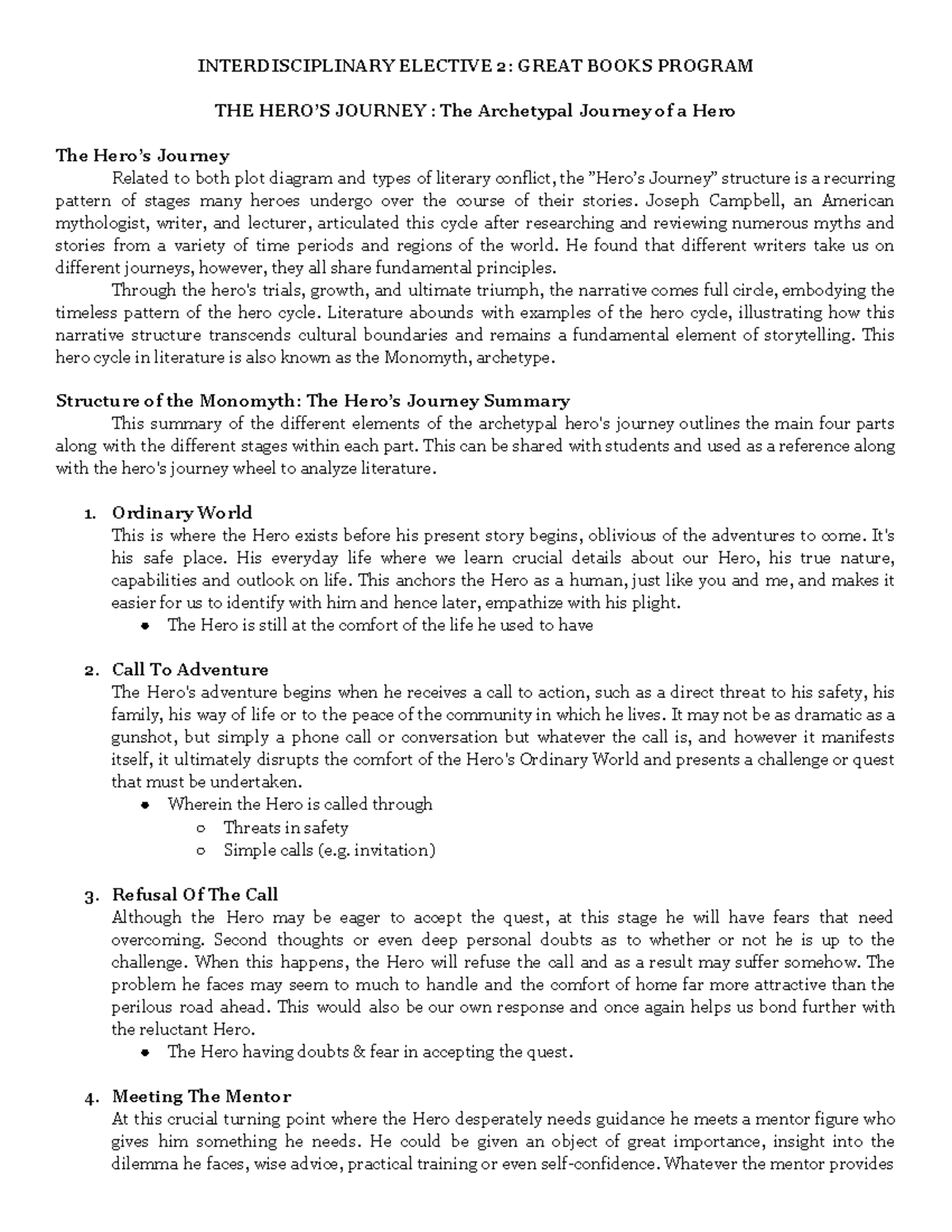Hero's Journey Overview: Interdisciplinary Elective 2 - Great Books ...