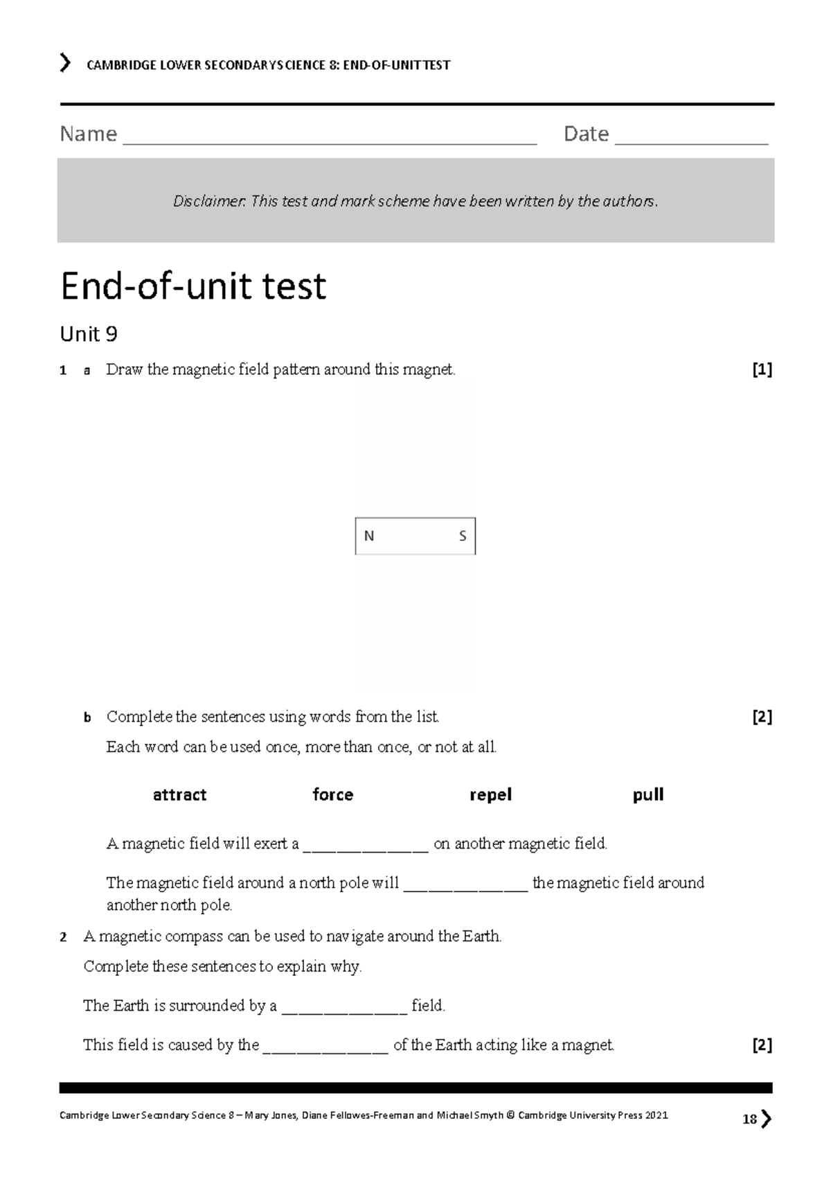 CAMBRIDGE LOWER SECONDARY SCIENCE 8: UNIT TEST ON MAGNETISM - Studocu