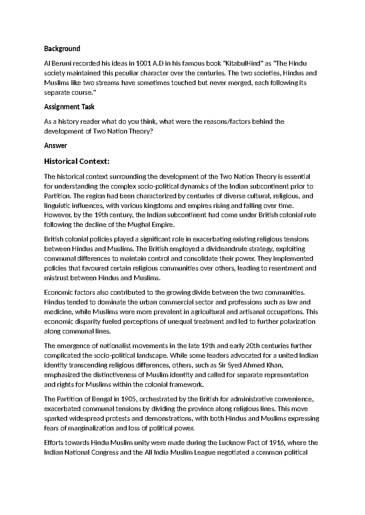 Pakistan studies - Background Al Beruni recorded his ideas in 1001 A in his famous book - Studocu