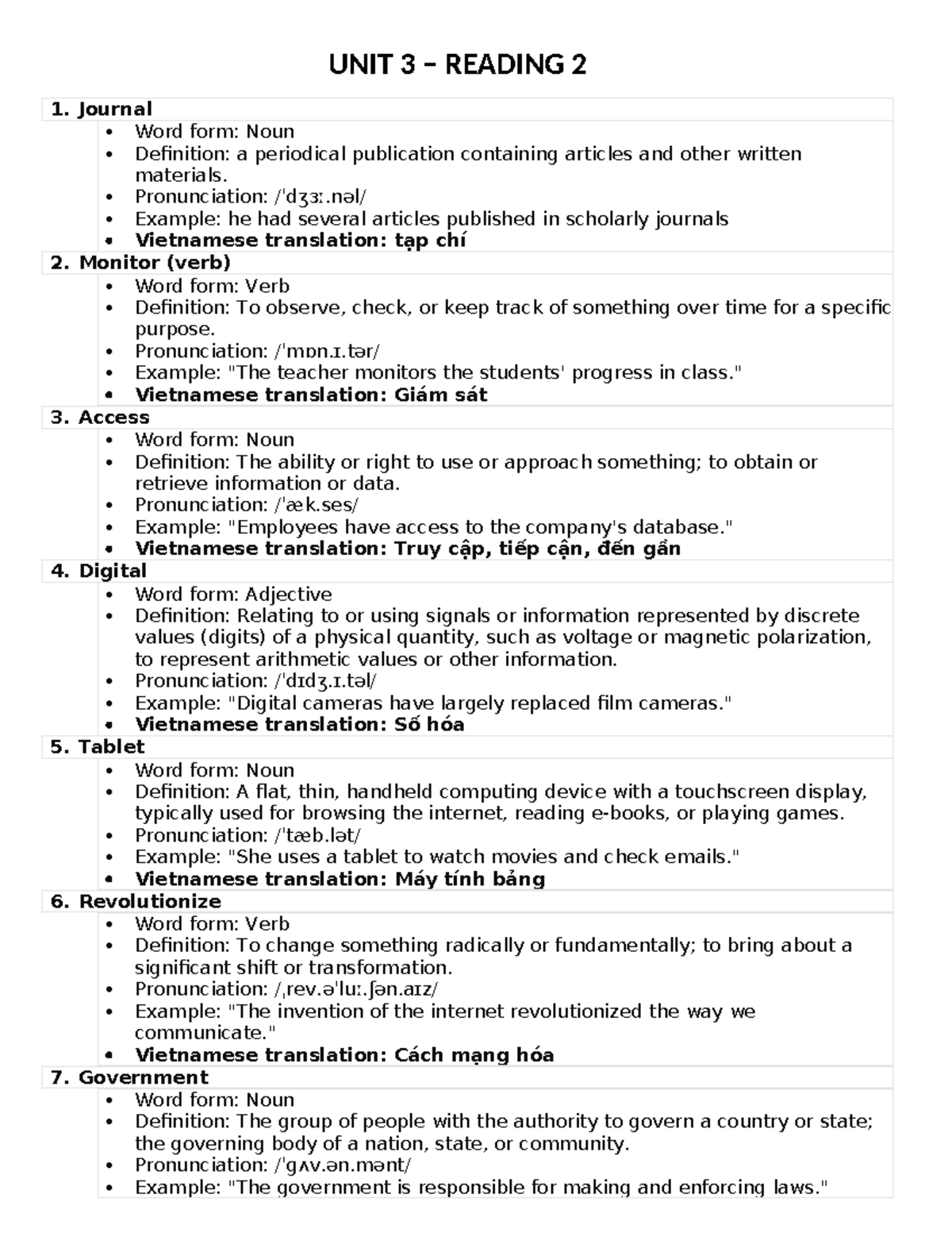 UNIT 3 - Reading 2 Vocabulary and Definitions - Studocu