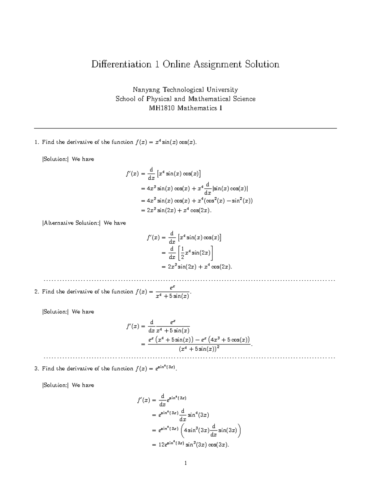 21S1 Differentiation 1 Assignment Solution - Differentiation 1 Online ...