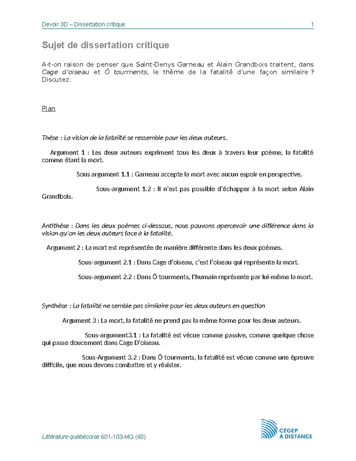 601-103-MQ Devoir 3D : Analyse comparative de la fatalité chez Garneau ...