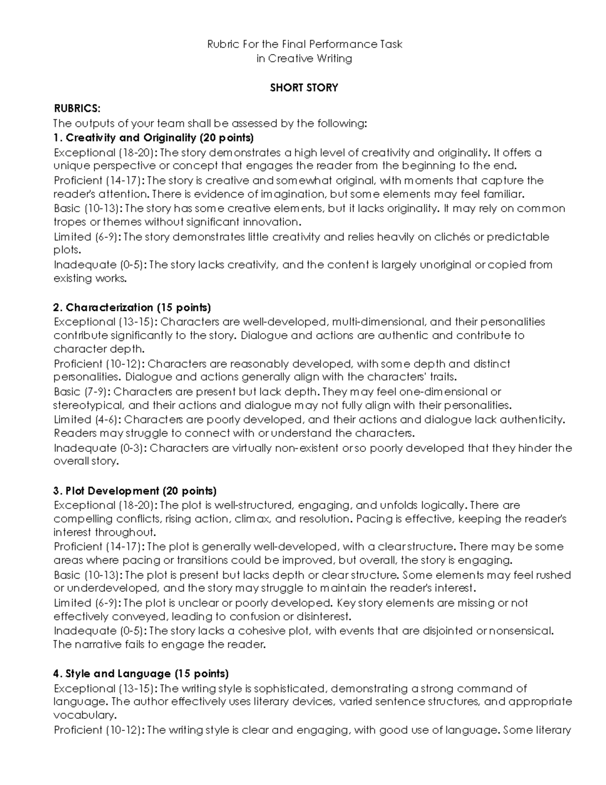 Creative Writing (ENG 210): Final Task Short Story Rubric - Studocu