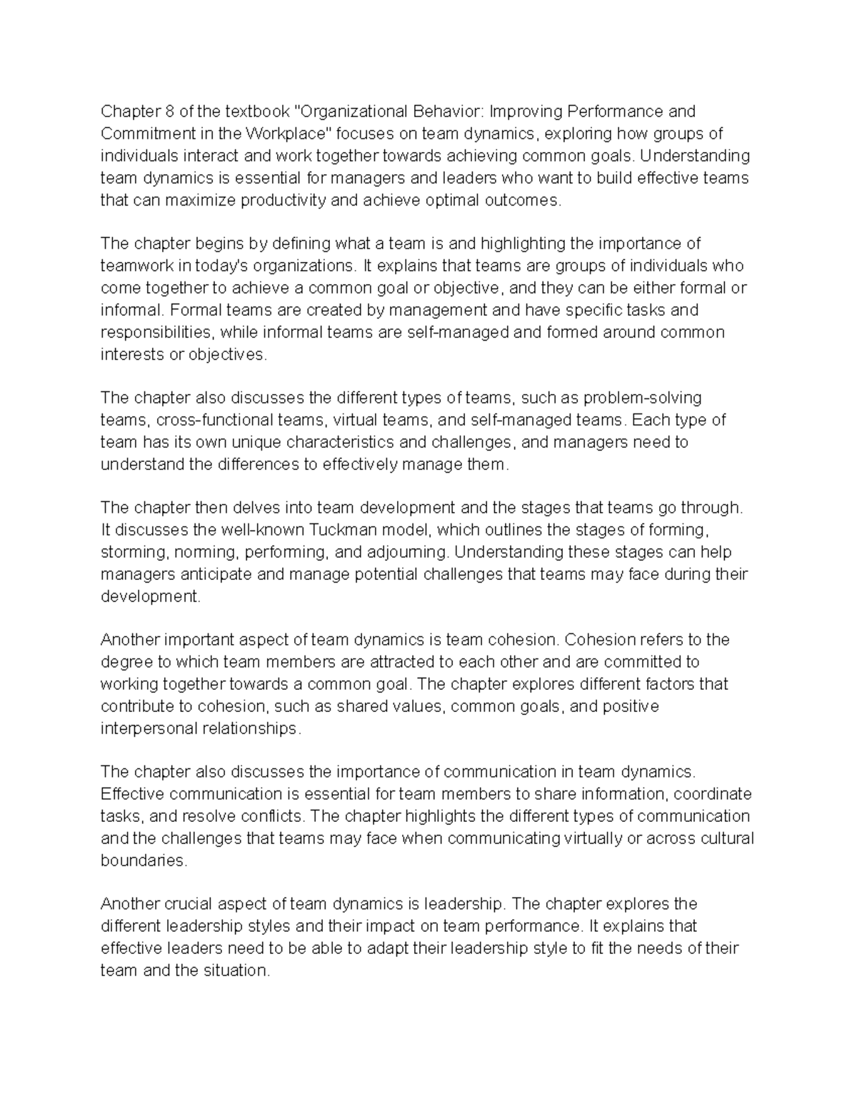 Chapter 8 - Notes 1: Understanding Team Dynamics in Organizations - Studocu