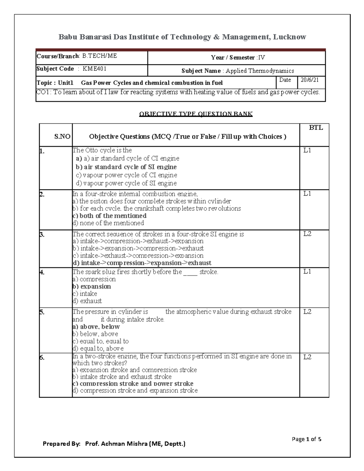 Applied Thermodynamics KME401 Unit 1 MCQ Question Bank - Studocu
