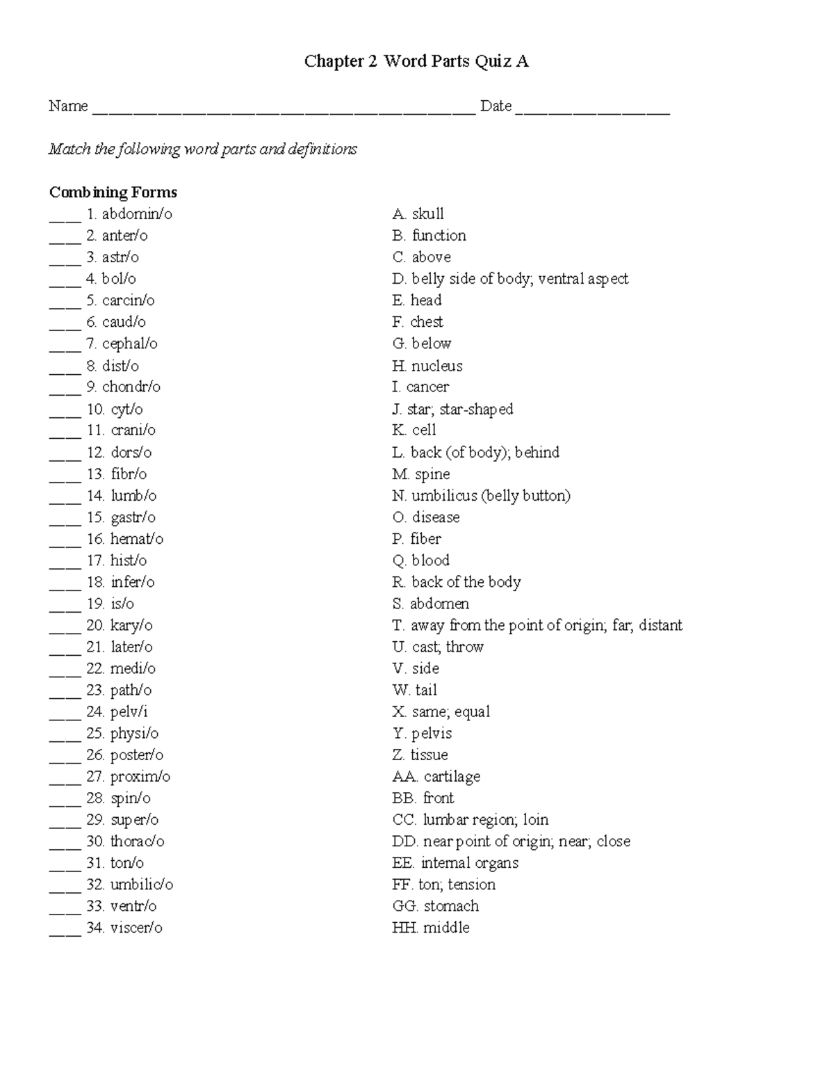 Unit 2 Word Parts Quiz A: Matching Definitions and Combining Forms ...