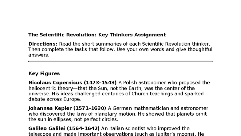 Scientific Revolution: Key Thinkers Assignment (SR101) - Studocu