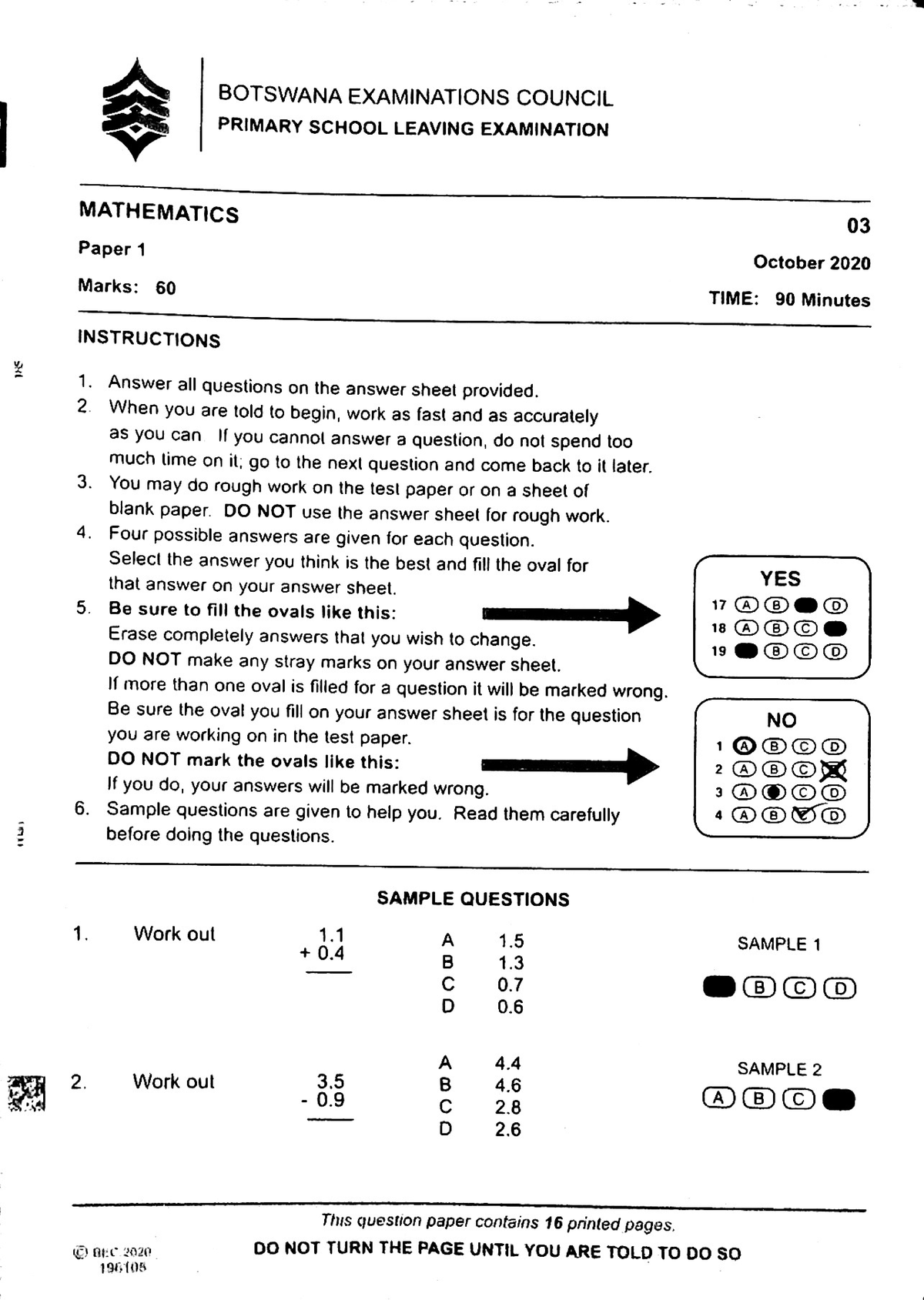 PSLE 2020 Mathematics Past Exam Paper - Botswana - Studocu