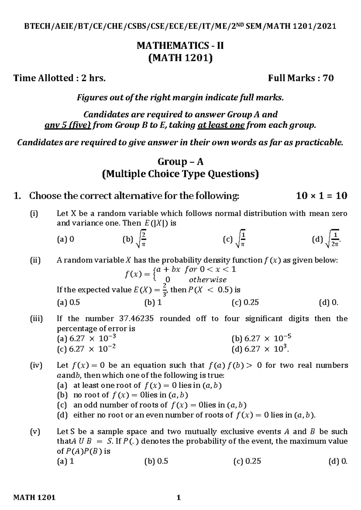 Mathematics II (MATH 1201) Exam Questions and Solutions - Studocu