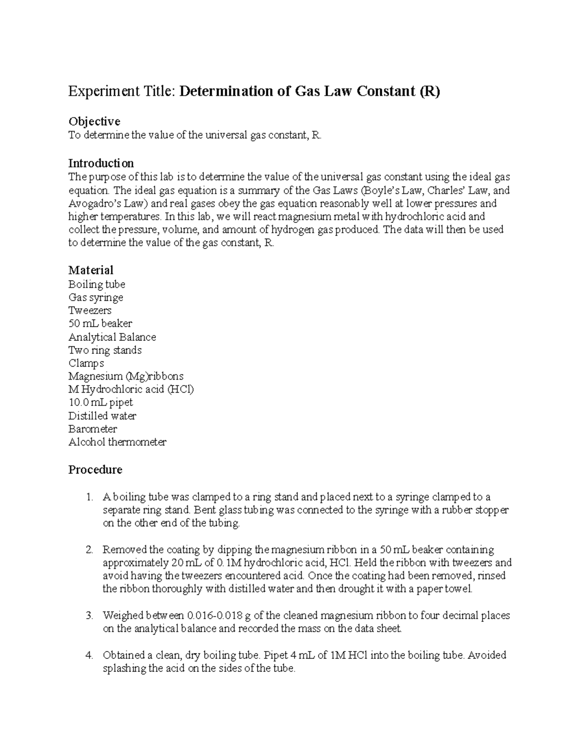 LAB 10 - Determining the Universal Gas Constant (R) - Studocu