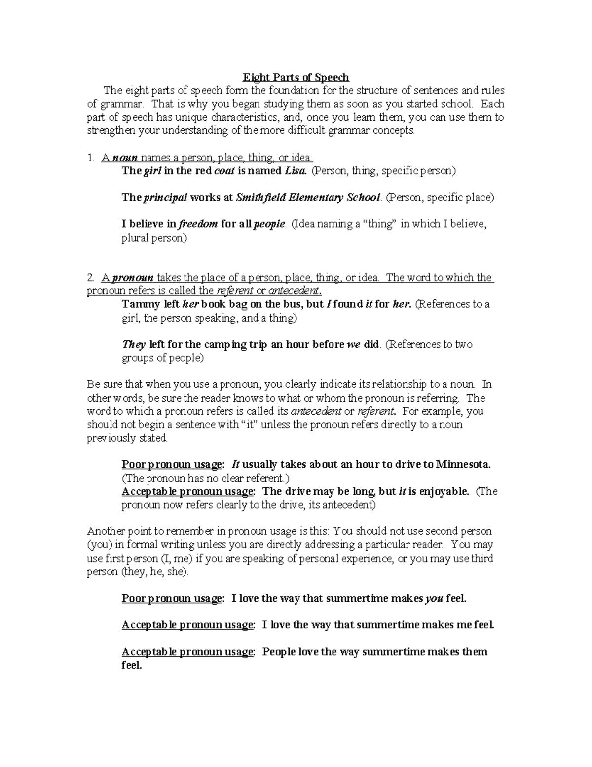 Eight Parts of Speech Overview - ENG101 Lecture Notes - Studocu