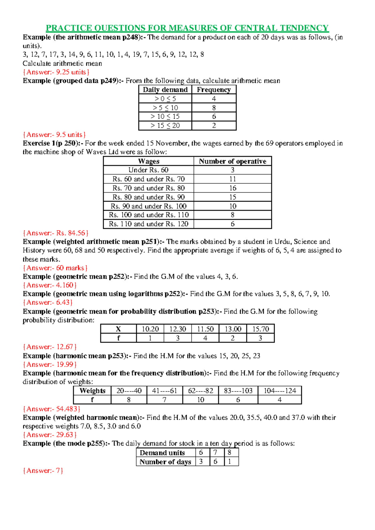 Ch 9 Practice Questions on Measures of Central Tendency for PIPFA - Studocu