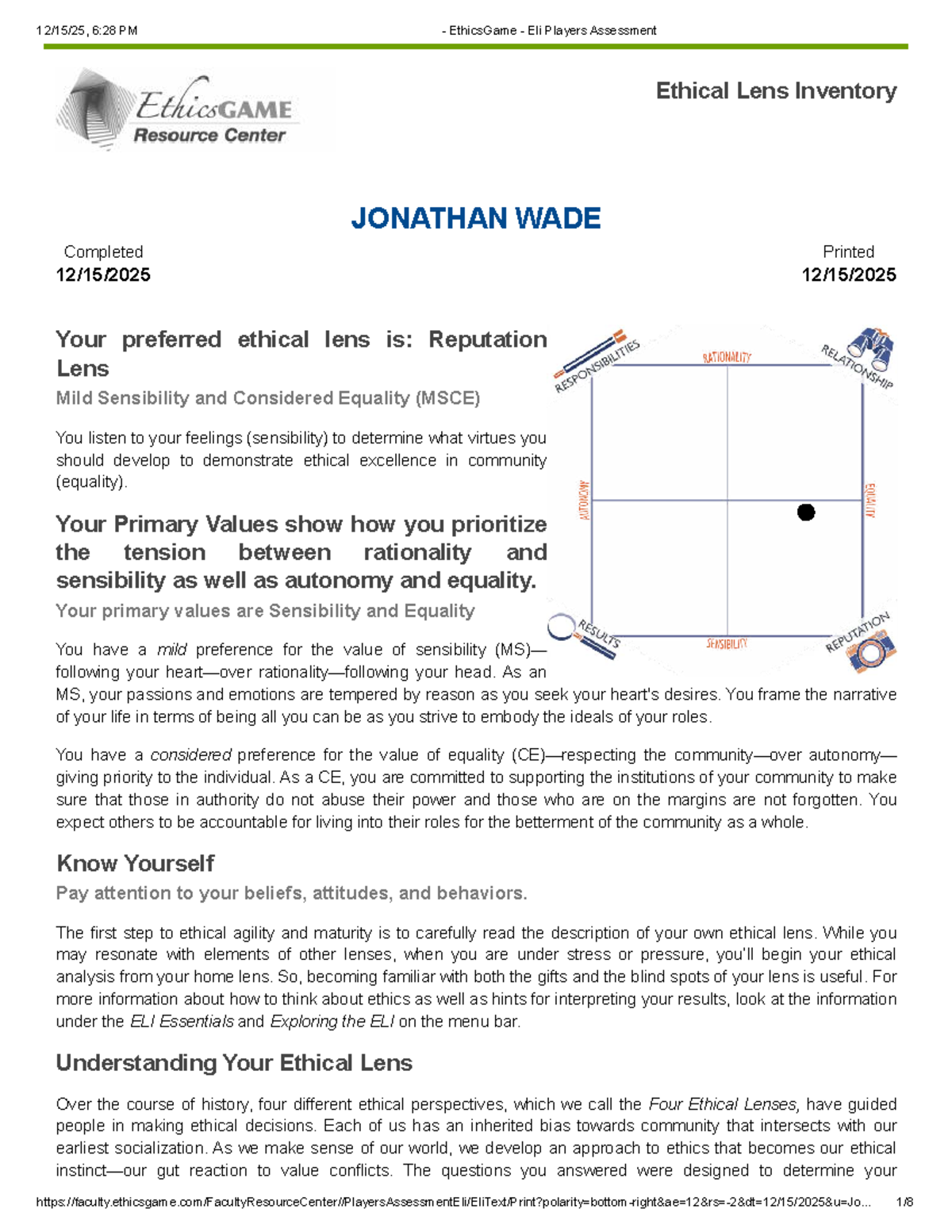 Ethics Game ELI Players Assessment: Understanding the Reputation Lens ...