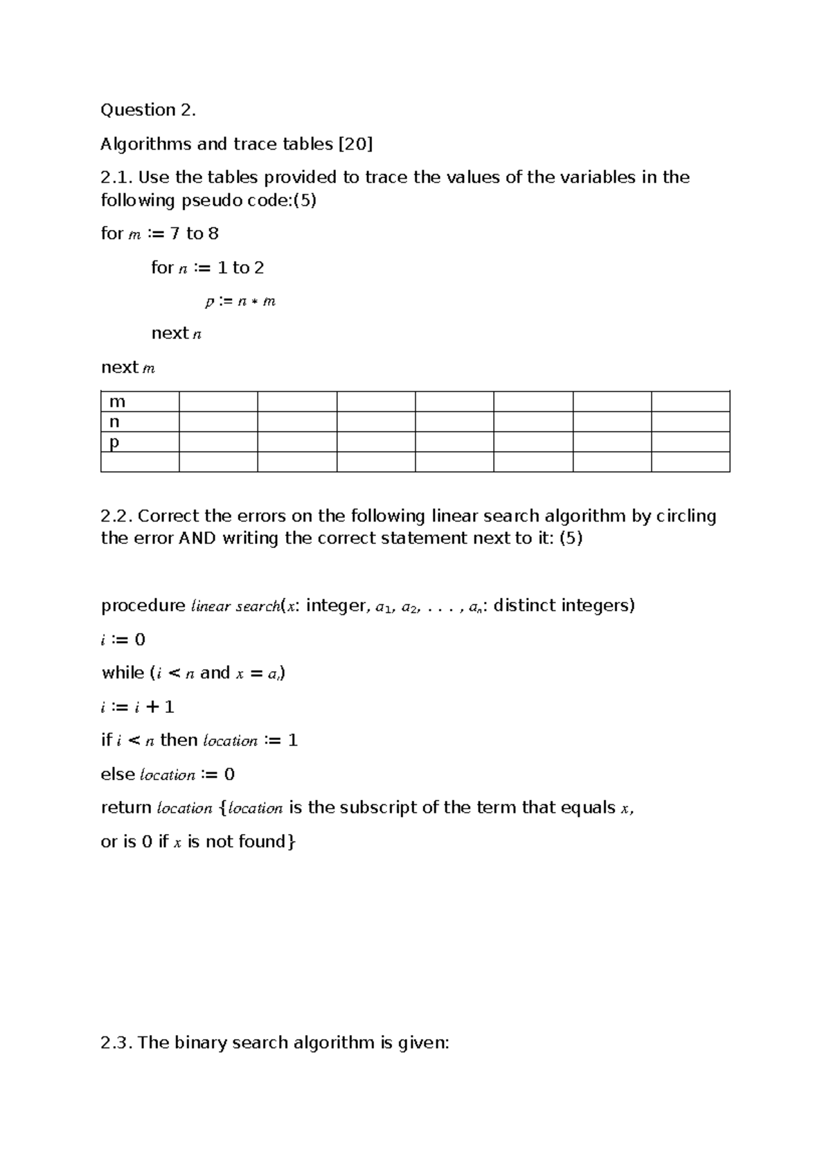UNIT 3-revision Questions - Question 2. Algorithms and trace tables [20 ...