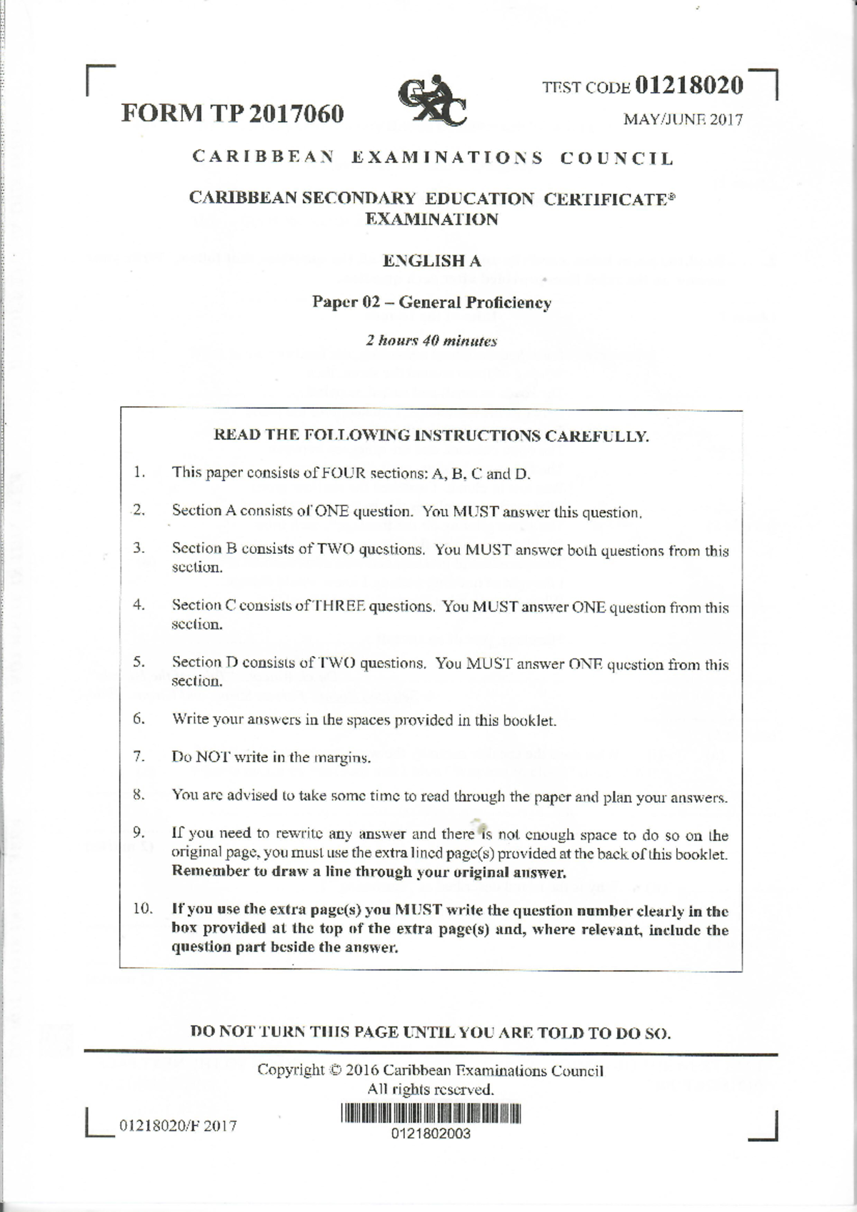 CXC CSEC June 2017 - English A Paper 2 Exam Instructions & Questions ...