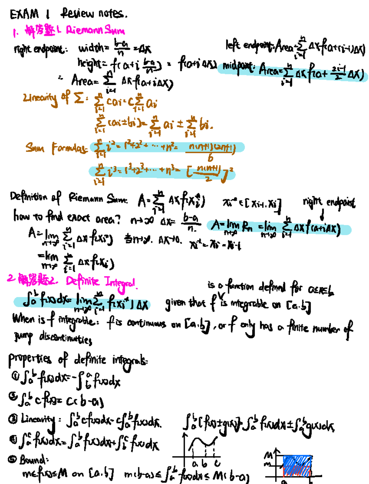 Calculus 121: Exam 1 Review Notes on Riemann Sums and Integrals - Studocu