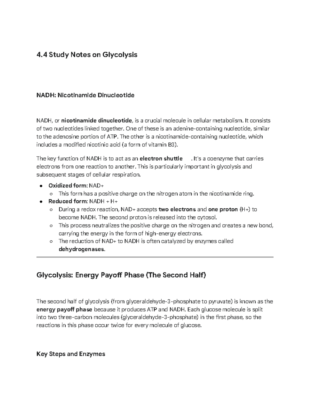 4.4 Glycolysis Study Notes: NADH and Energy Payoff Phase - Studocu