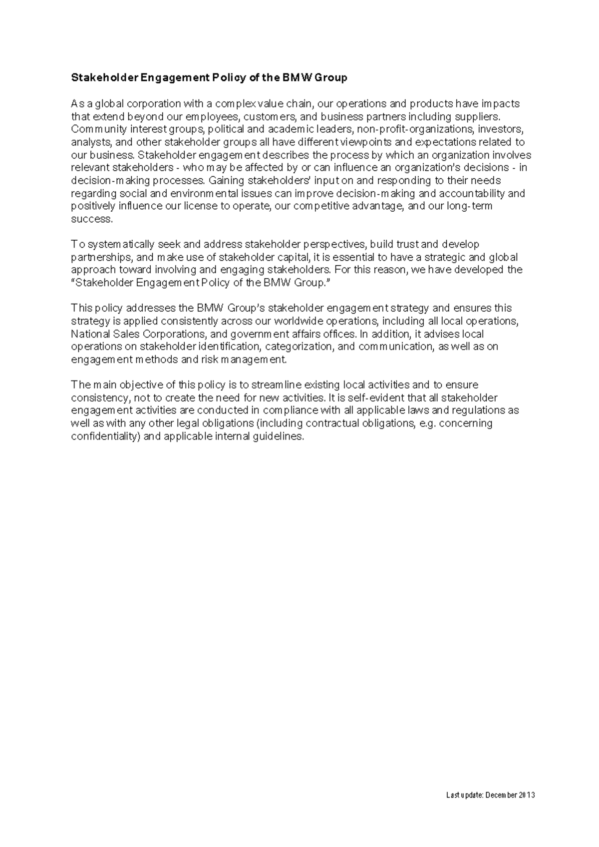 BMW Group Stakeholder Engagement Policy Overview & Objectives - Studocu