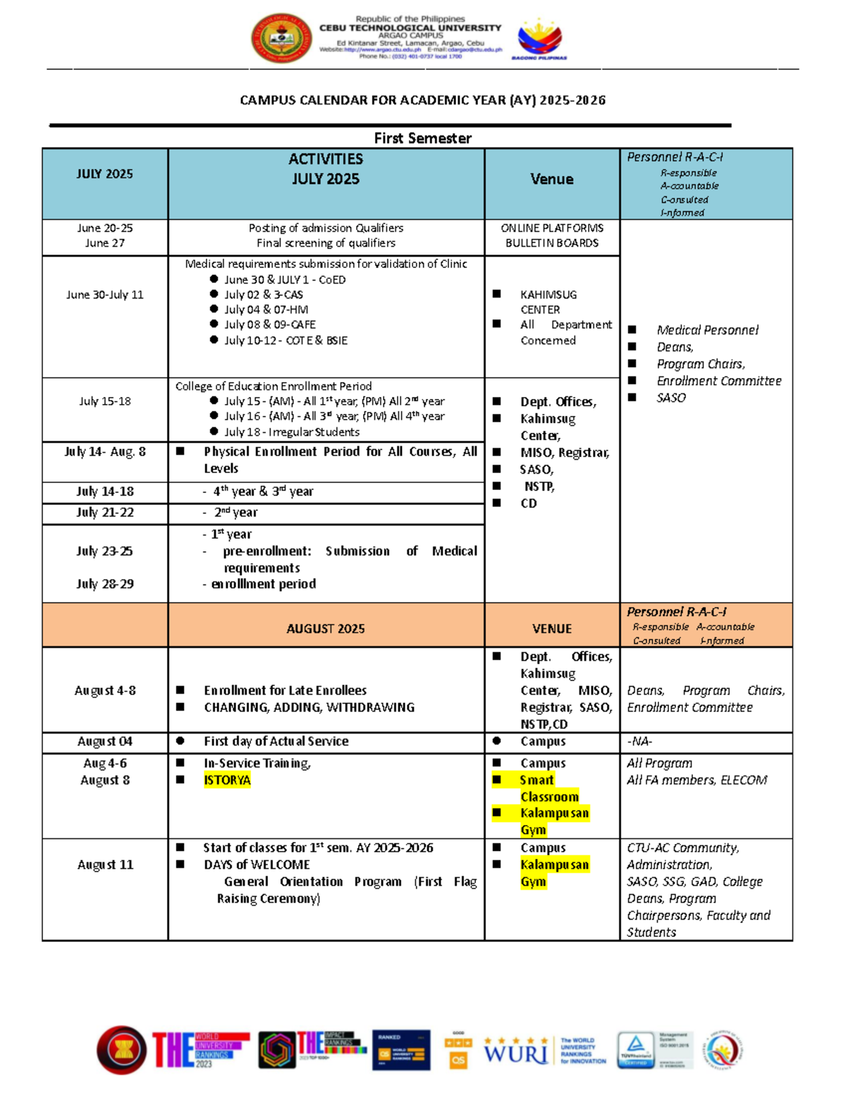 Updated Campus Calendar of Activities AY 2025-2026 - Studocu