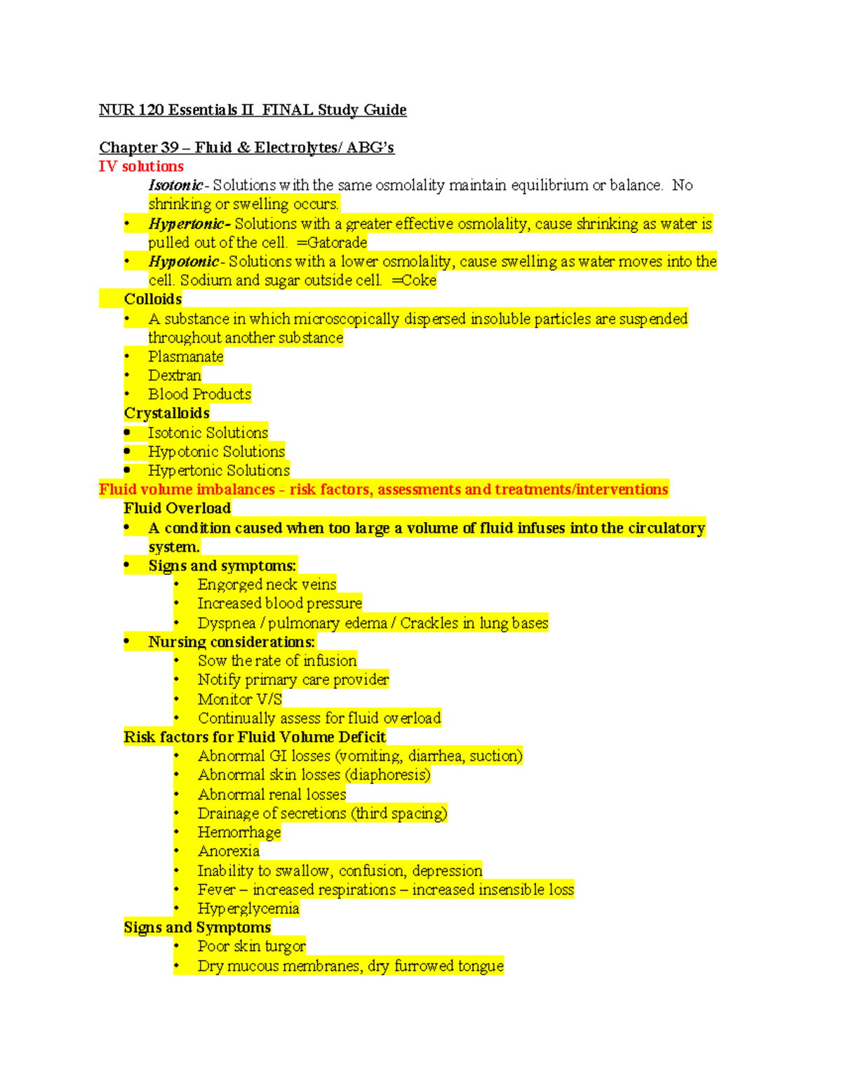 NUR 120 Essentials II FINAL Study Guide: Fluid & Electrolyte Management ...