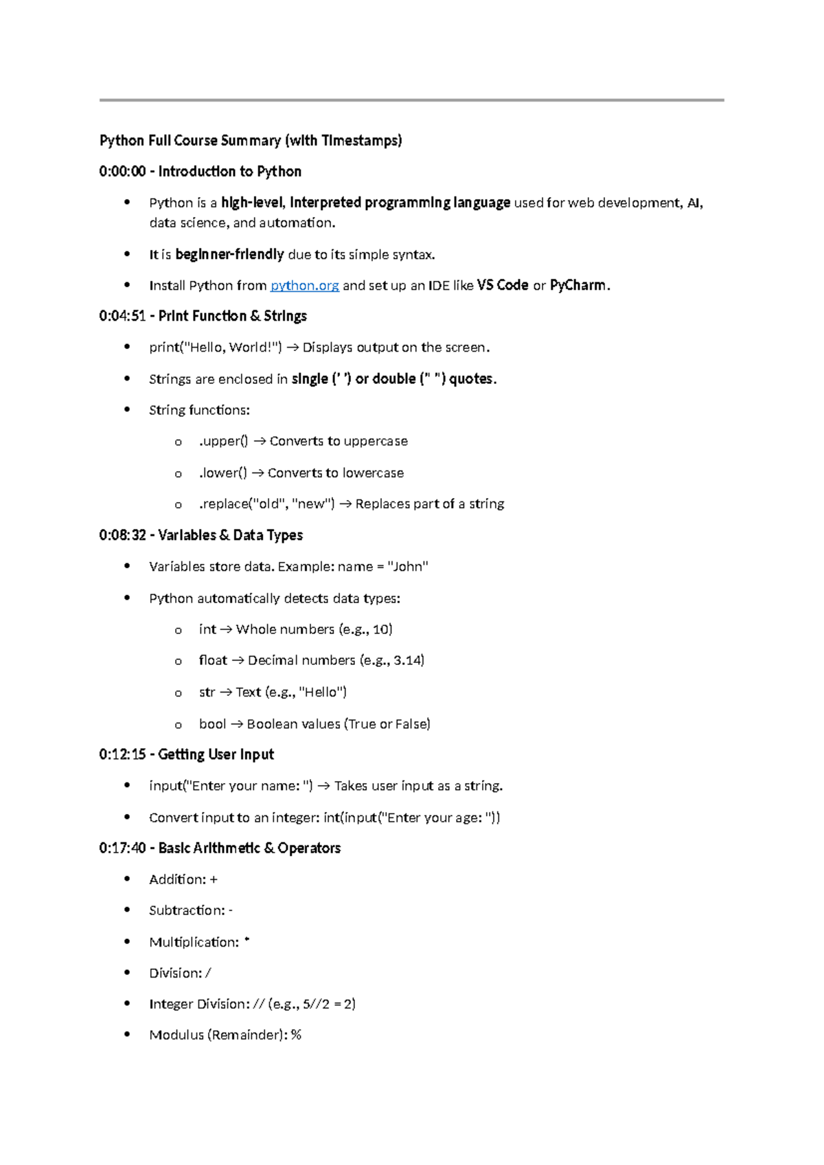 Python full course summary with timestamps and key concepts - Studocu