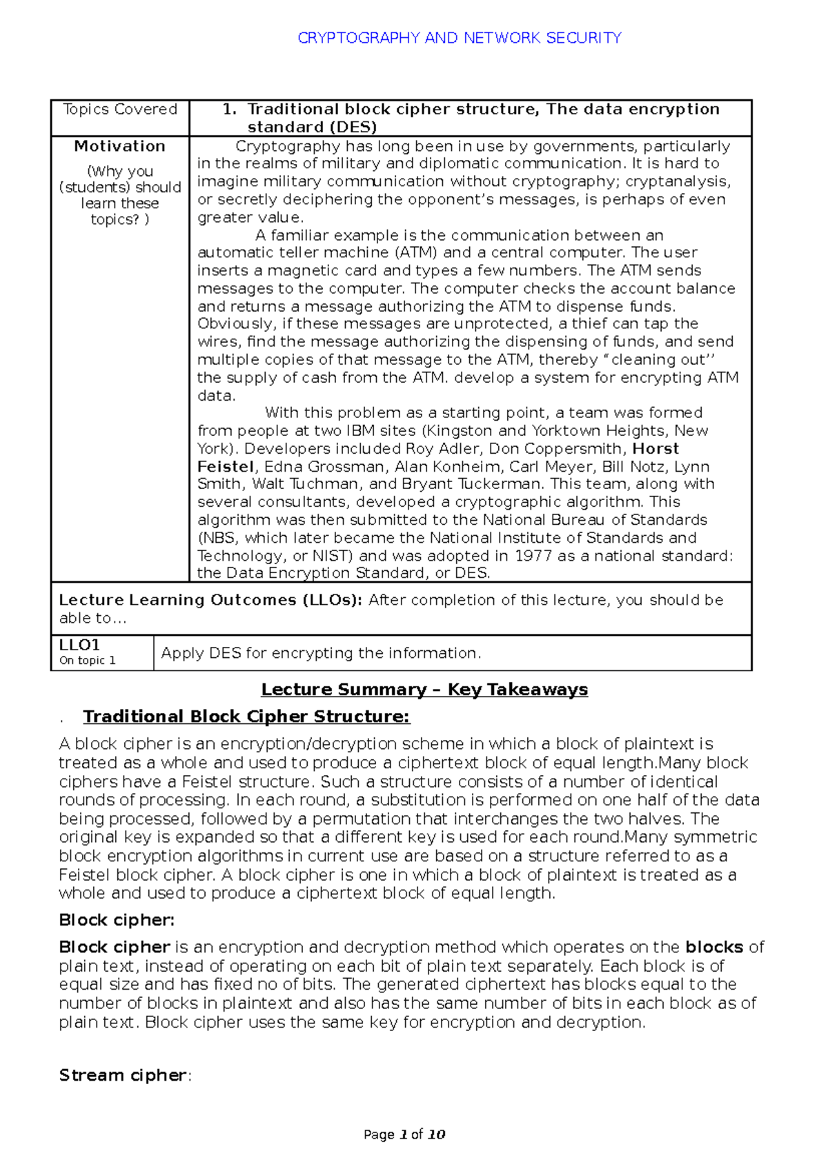 Traditional Block Cipher Structures and DES Overview (CS101) - Studocu