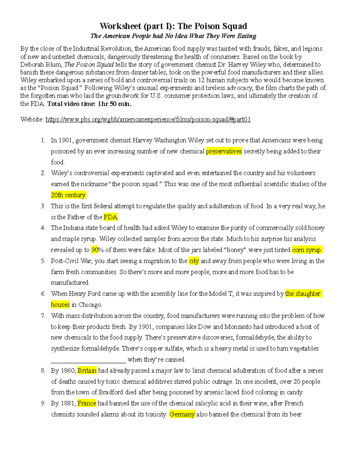 The Poison Squad Worksheet: Exploring Food Safety and Regulation - Studocu