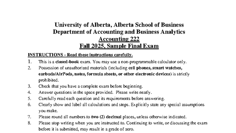 Acctg 222 Fall 2025 Sample Final Exam Instructions and Questions - Studocu