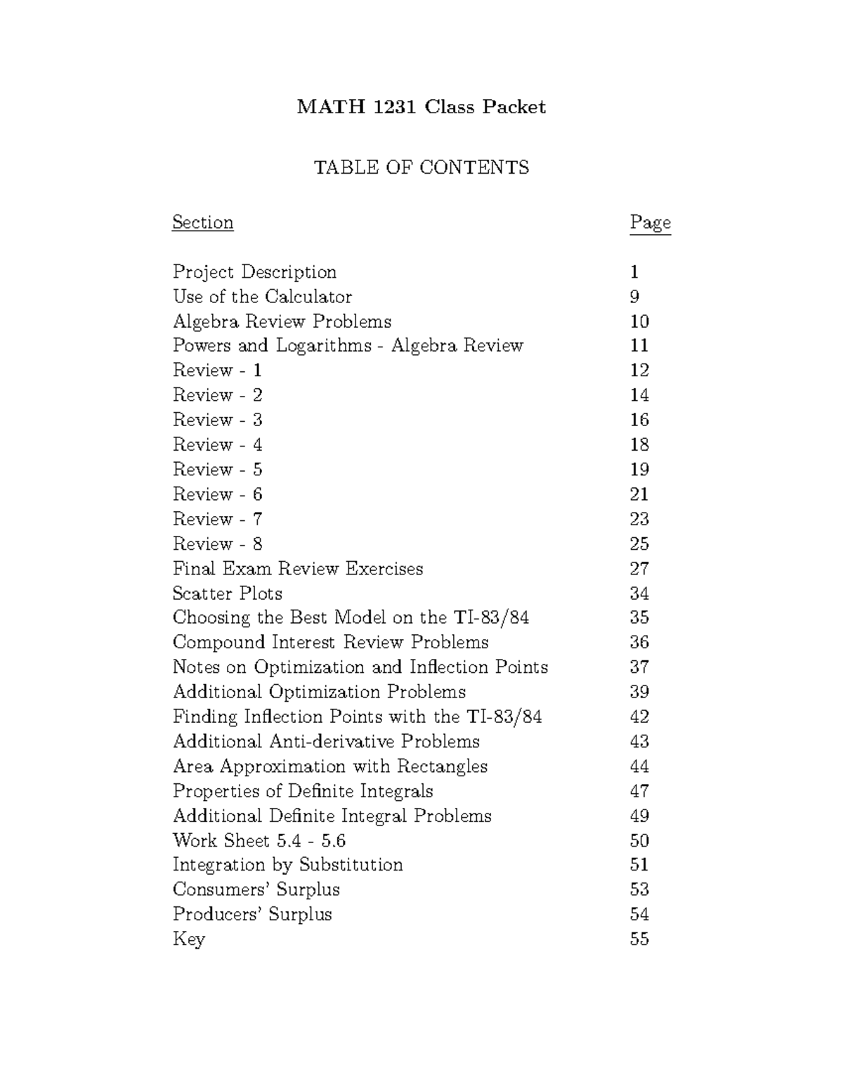 MATH 1231 Class Packet: Comprehensive Review for Final Exam - Studocu