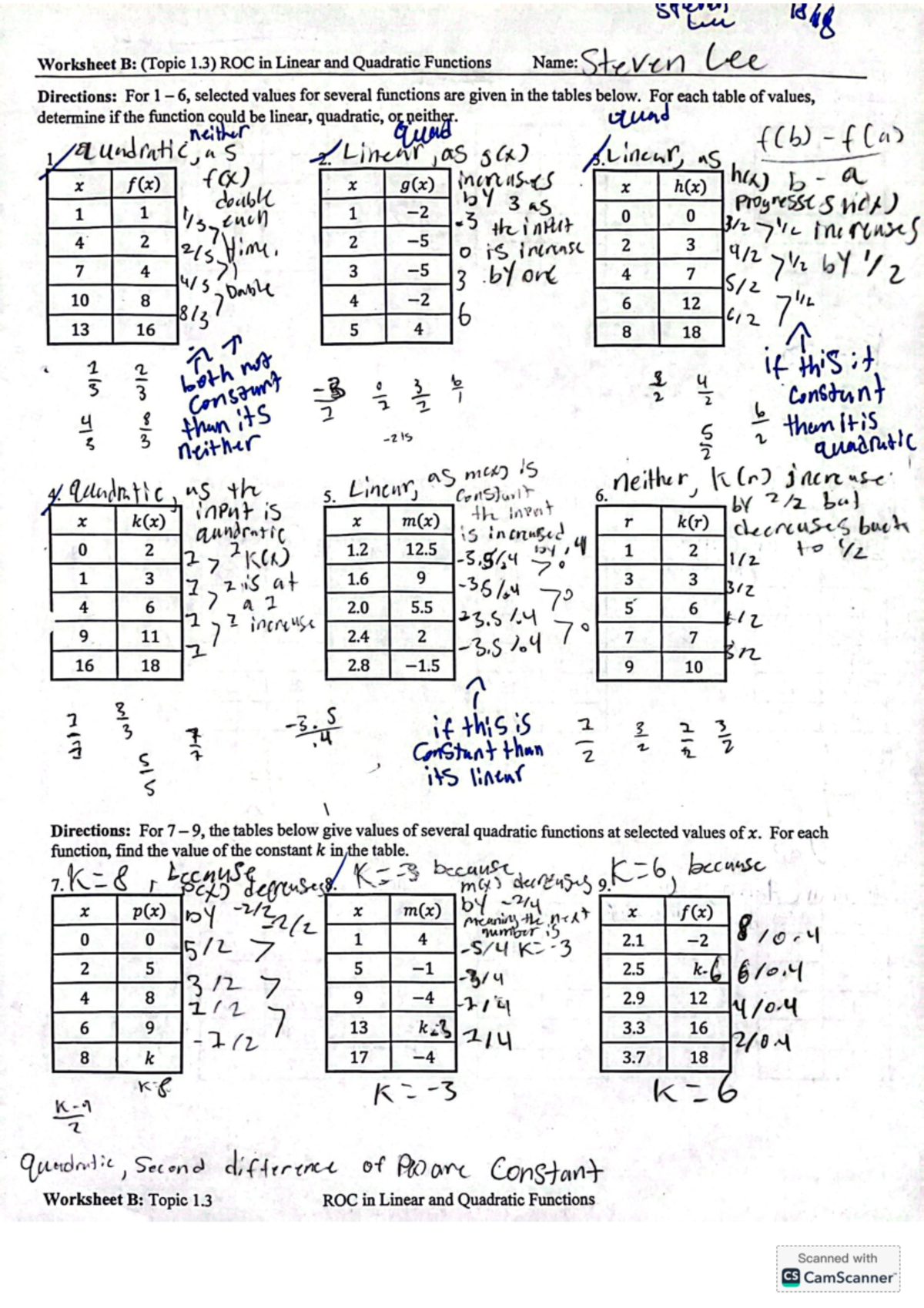 Worksheet B: (1348) ROC in Linear & Quadratic Functions Analysis - Studocu
