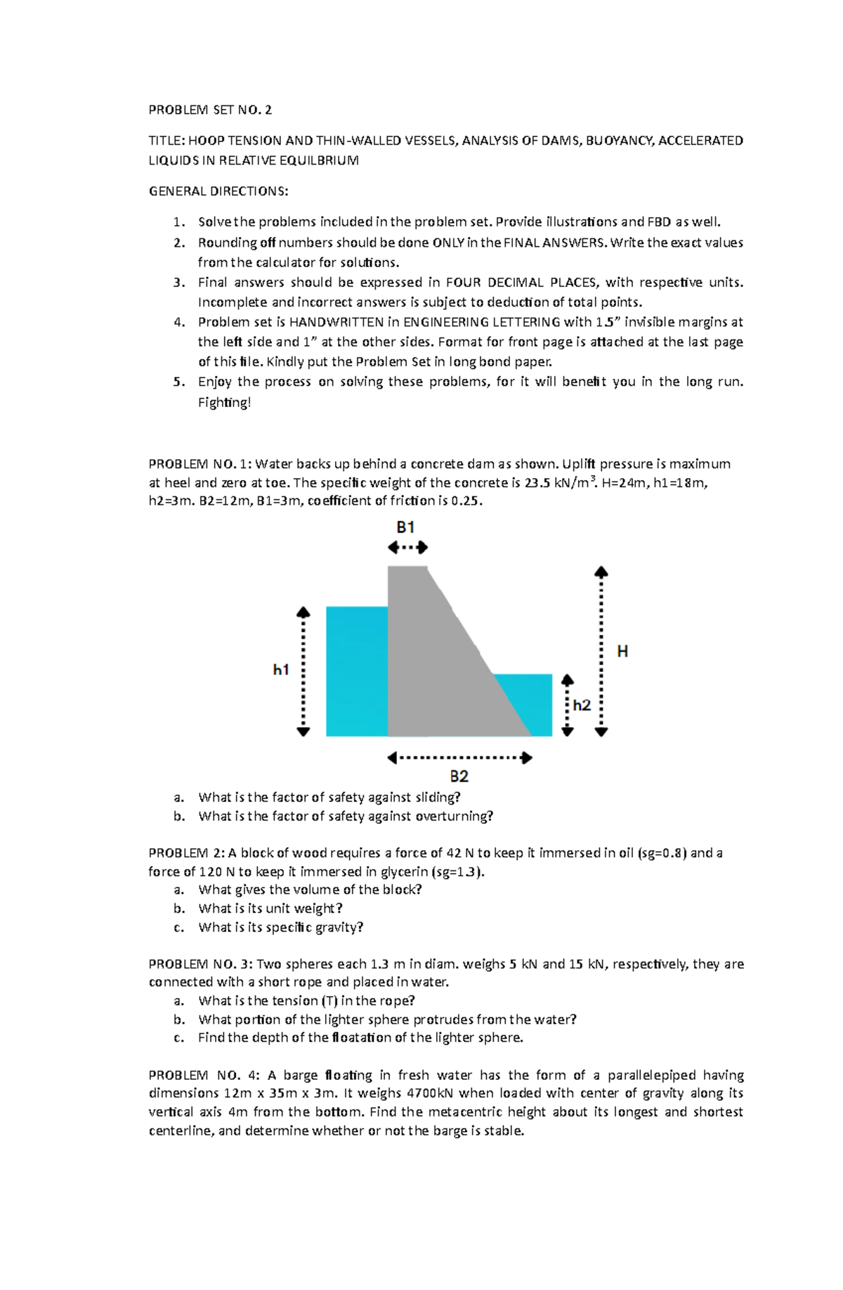 Problem Set 2: Dams, Buoyancy, Hoop Tension, & Equilibrium Analysis - Studocu