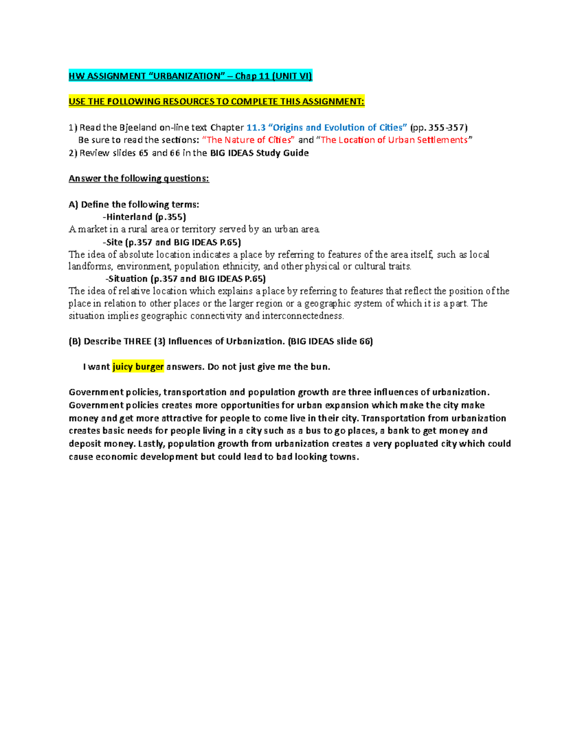 HW - Urbanization - Chap 11 - UNIT VI - HW ASSIGNMENT “URBANIZATION ...