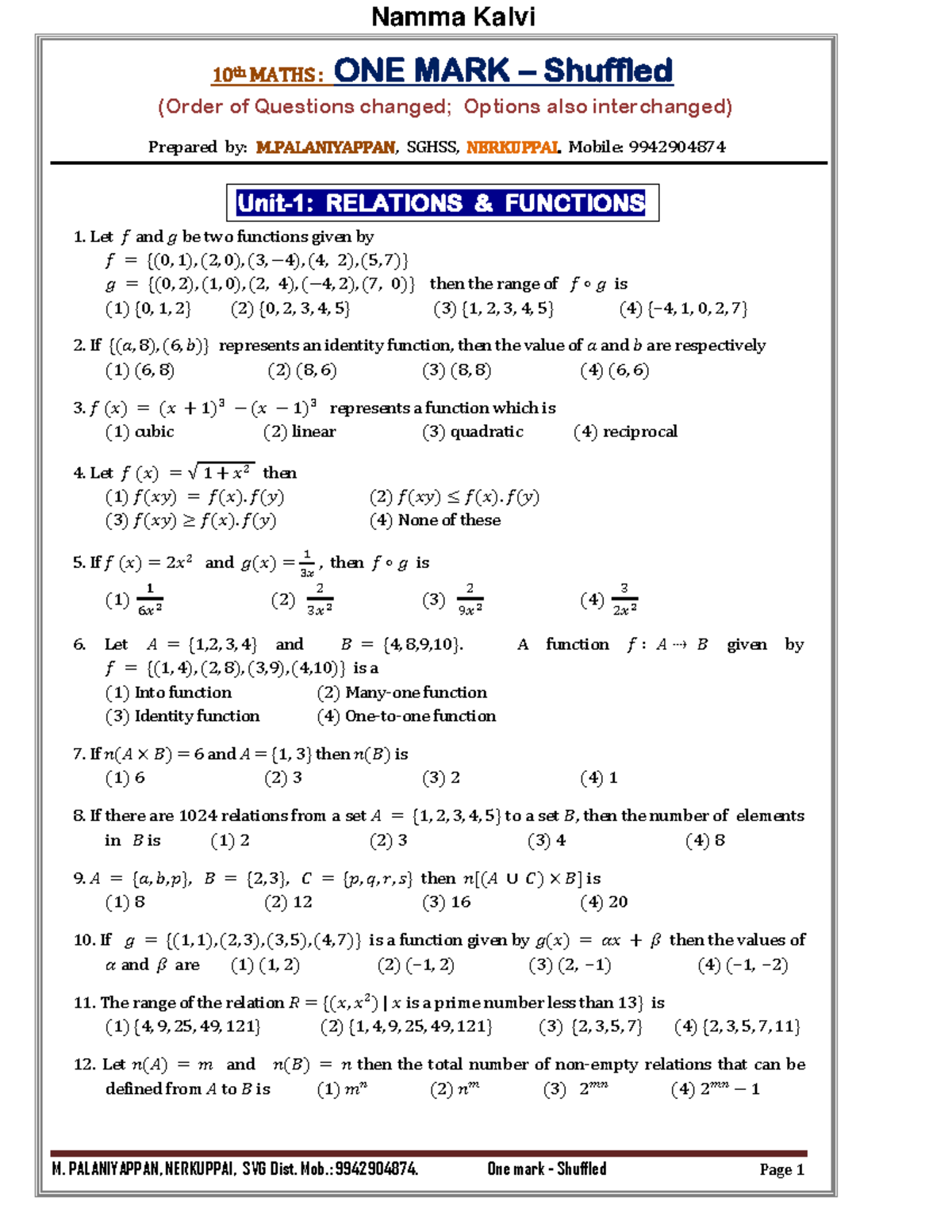 Namma Kalvi 10th MATHS: One Mark Questions & Answers (EM 216013) - Studocu