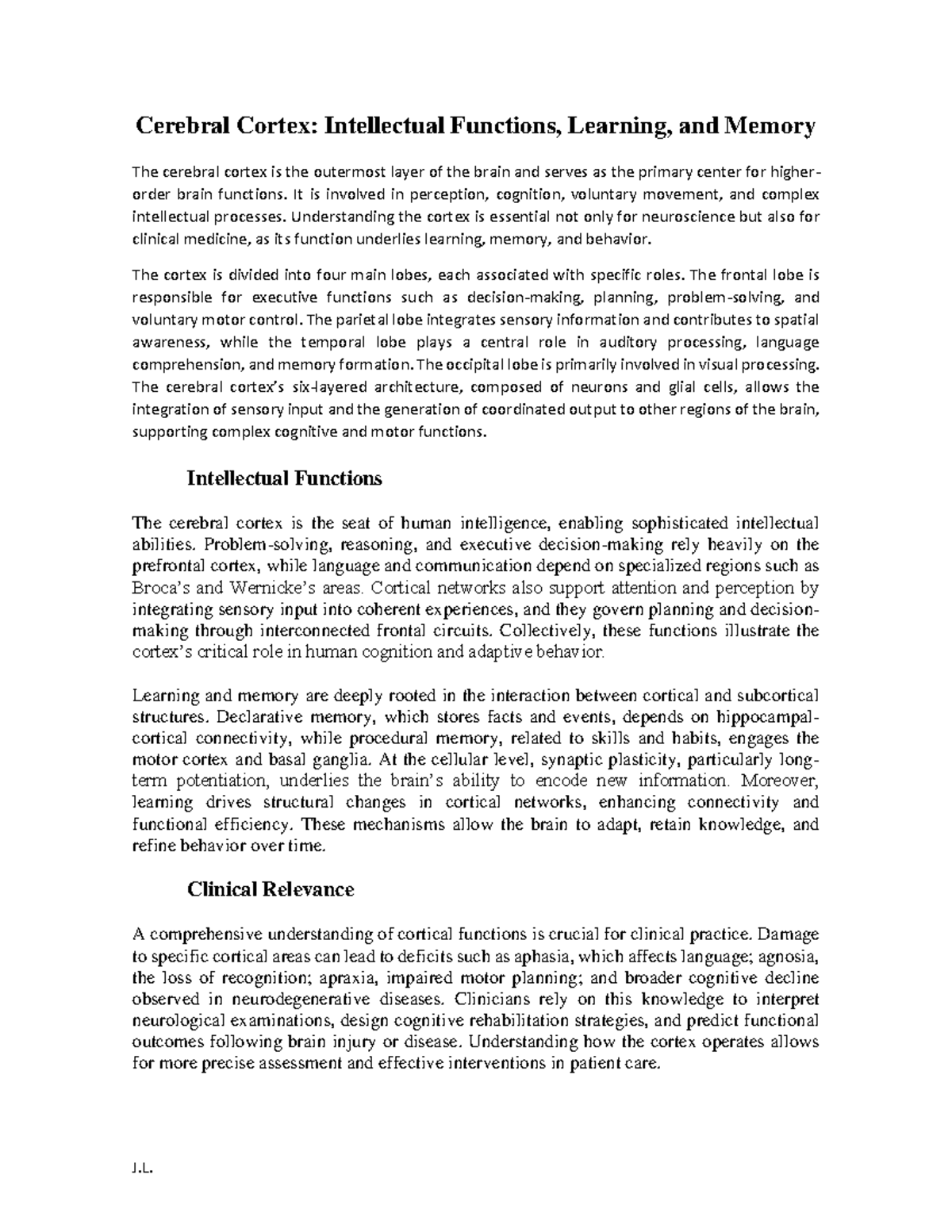 Cerebral Cortex: Functions in Learning & Memory - Essay Notes - Studocu