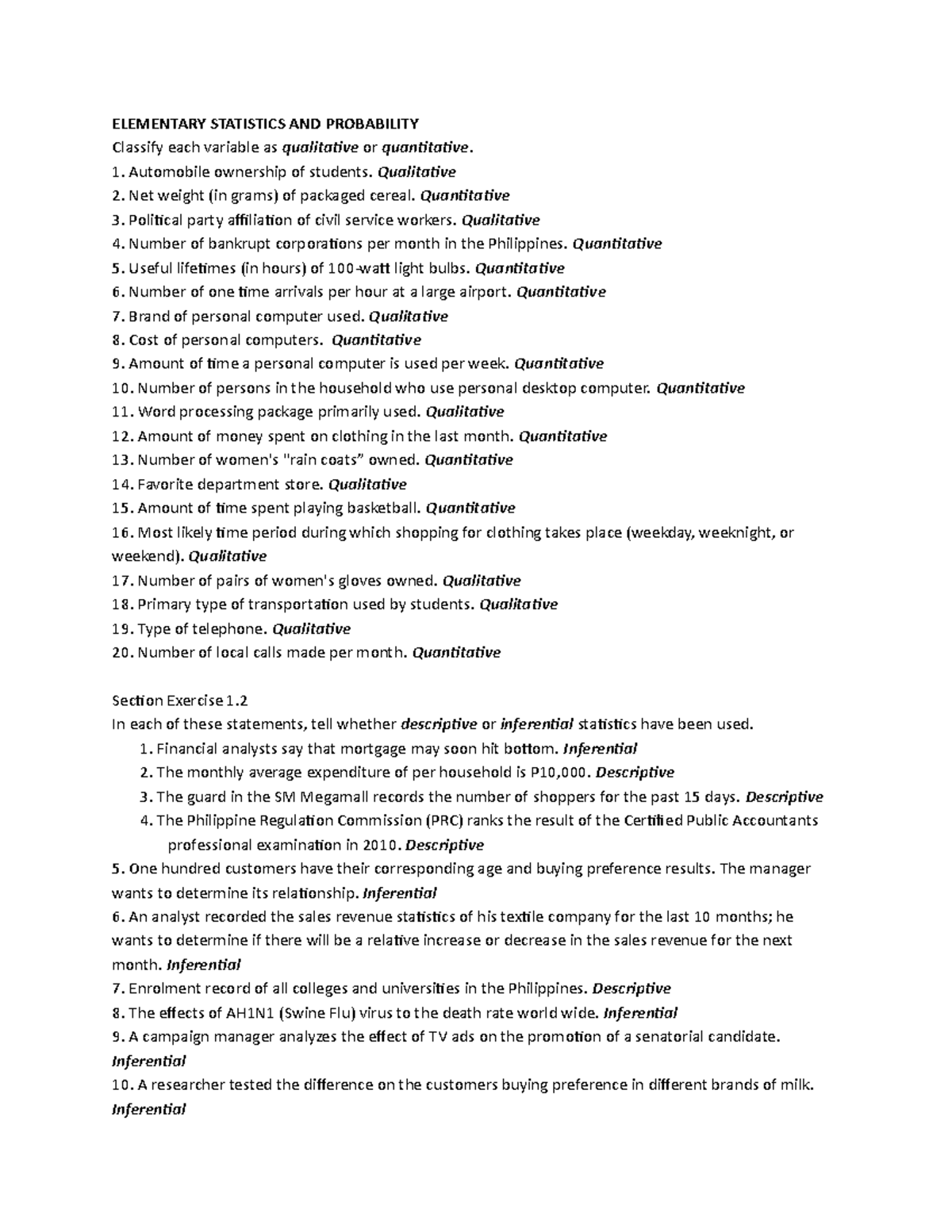 Elementary Statistics And Probability (Quantitative and Qualitative ...