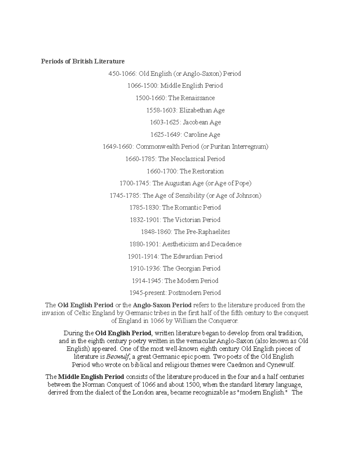 ENGL 101: Overview of English Literary Periods and Movements - Studocu