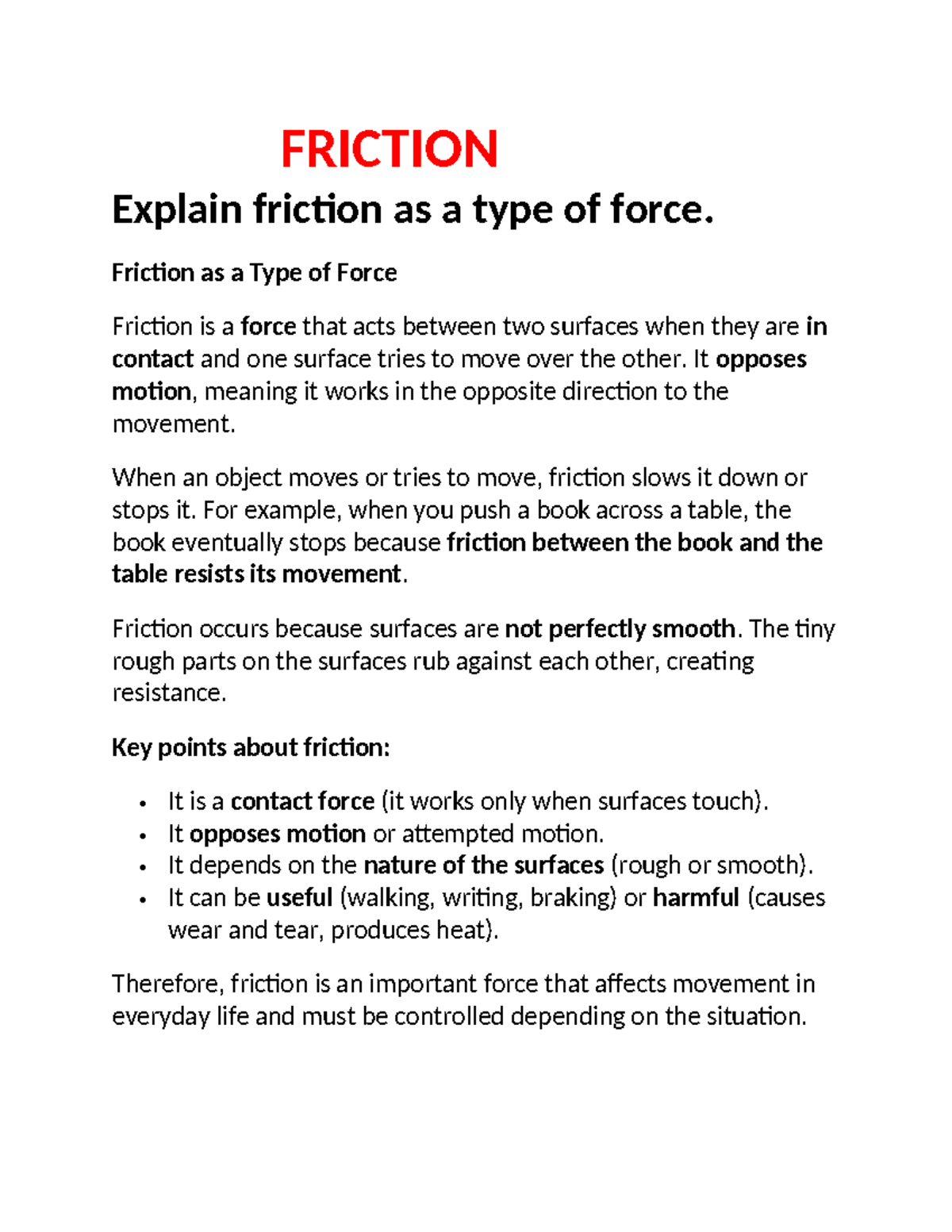 FRICTION: Understanding Its Role as a Force in Daily Life - Studocu