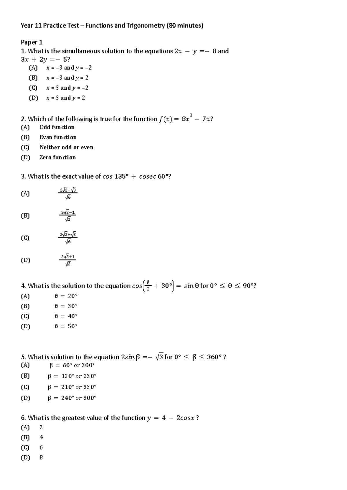 Year 11 Functions & Trigonometry Practice Test: Sample Questions - Studocu