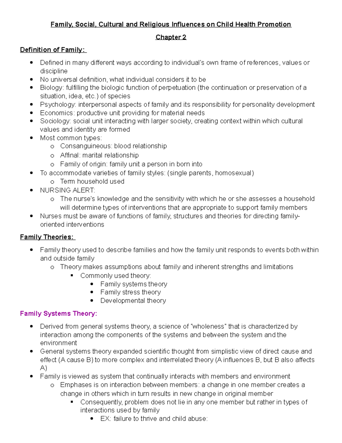 Chapter 2-4 Peds Notes - Family, Social, Cultural and Religious ...