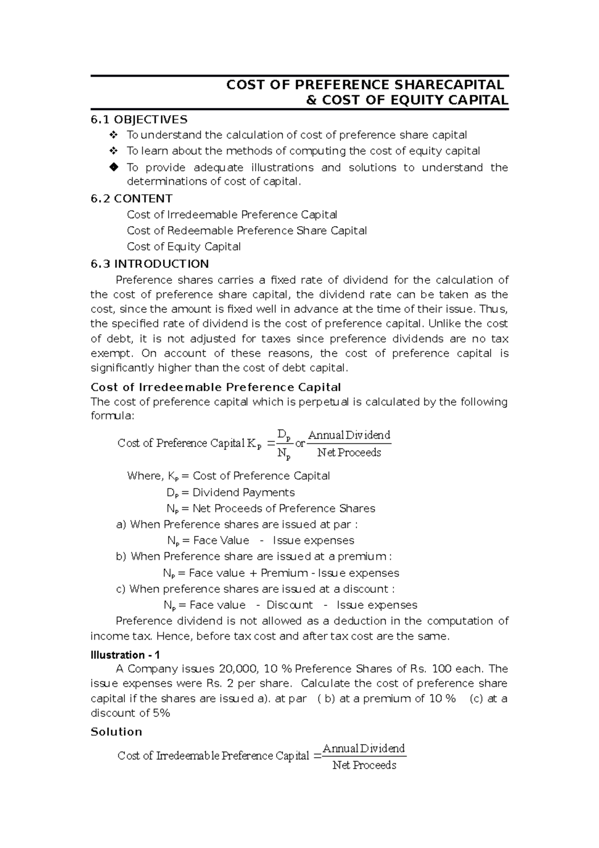 COST OF PREFERENCE SHARE CAPITAL & EQUITY: Analysis & Examples - Studocu