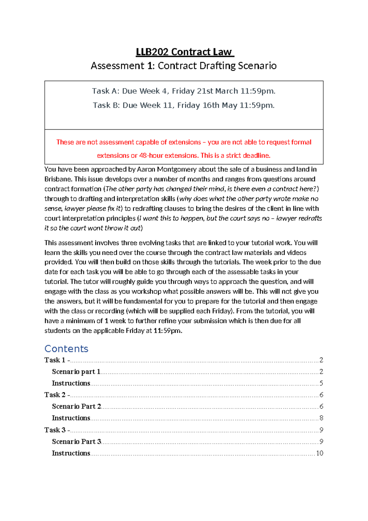 LLB202 Contract Law: Assessment 1 Drafting Scenario Overview - Studocu