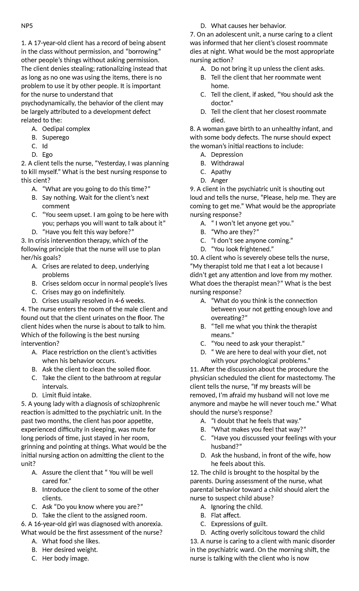 NP5 Practice Questions: Nursing Interventions and Mental Health Scenarios - Studocu